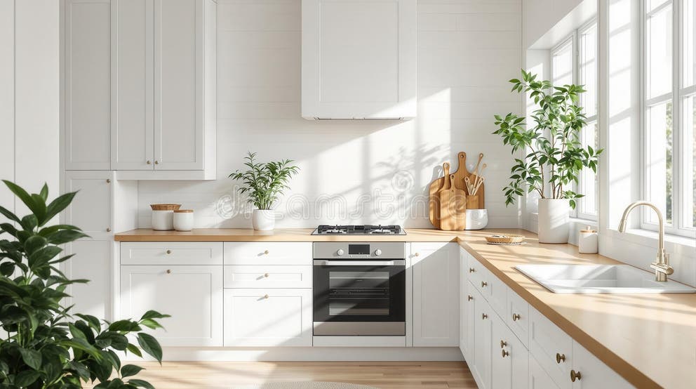 Modern White Kitchen with Natural Light and Greenery Elements Stock ...