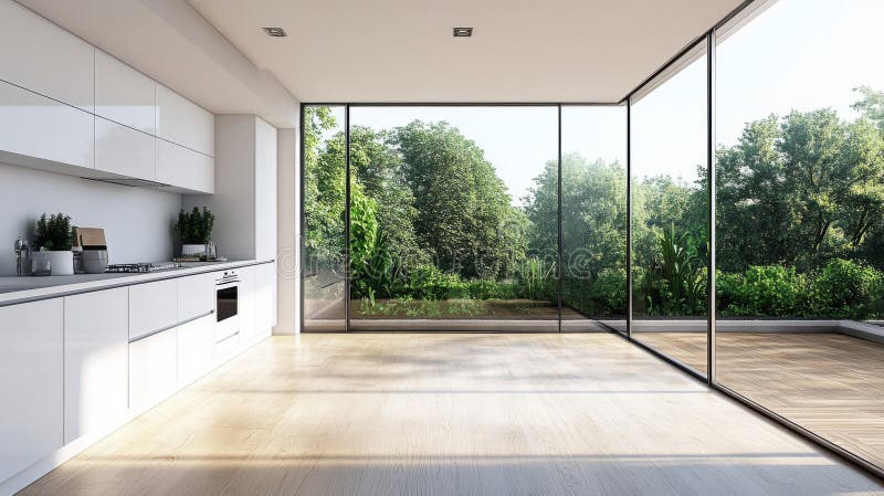 Modern White Kitchen with Open Plan Design and Garden View Stock ...