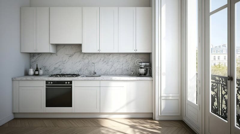 Modern White Kitchen, Parisian Balcony View, Sunlight, Herringbone ...