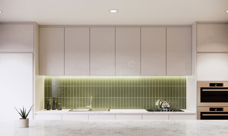 Modern White Kitchen Style, Room Interior Design with Close-up Marble ...