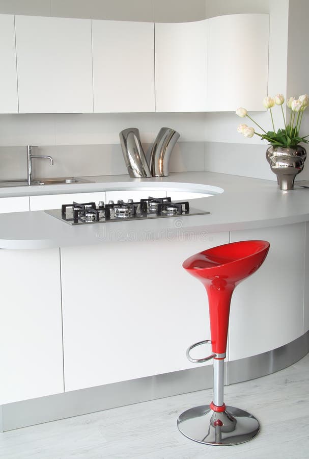 White Kitchen and Red Stool Stock Photo - Image of white, home: 29826268