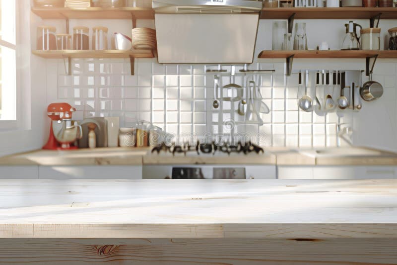Modern White Kitchen with Wooden Light Empty Table Top Stock Photo ...