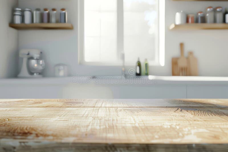 Modern White Kitchen with Wooden Light Empty Table Top Stock Image ...