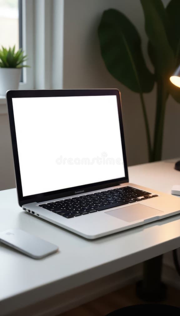 Modern White Laptop, Blank Screen, on Simple Work Table , Notebook ...