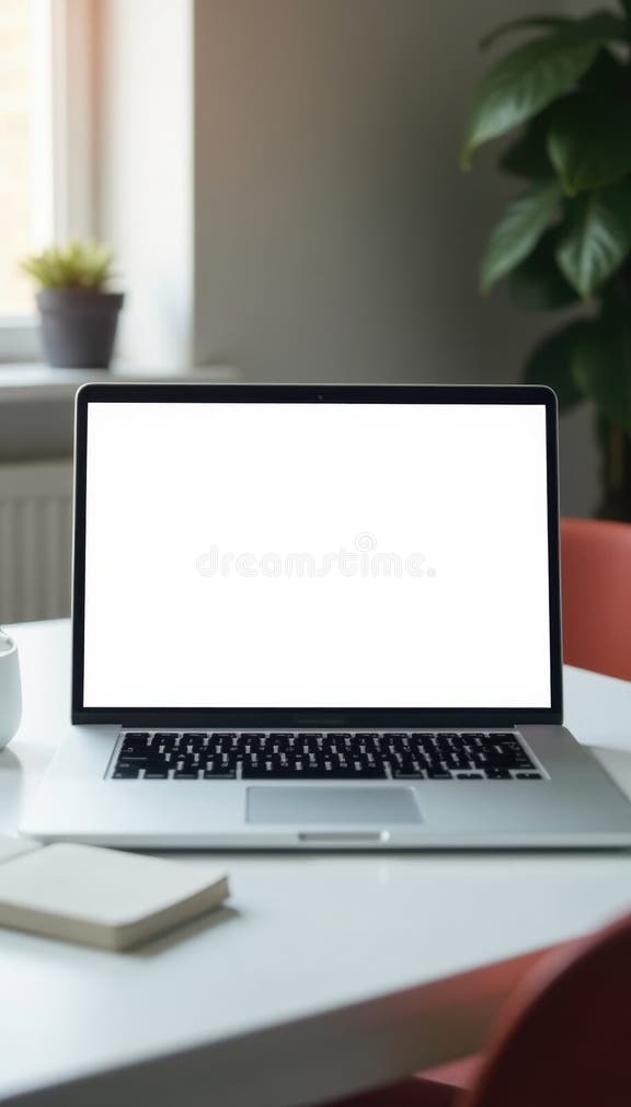 Modern White Laptop Blank Screen on Simple Work Table Technology Clean ...