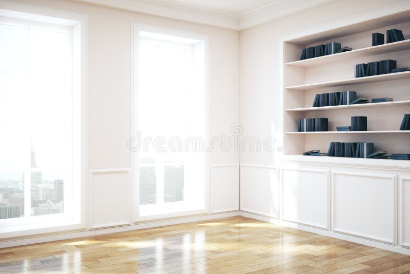 Modern White Library Interior with Sunlight Stock Illustration ...