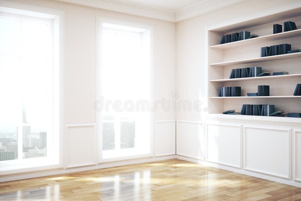 Modern White Library Interior with Sunlight Stock Illustration ...