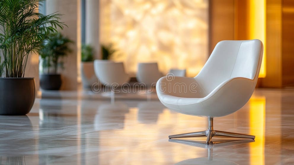 Modern White Lounge Chair in Elegant Lobby Setting Stock Illustration ...