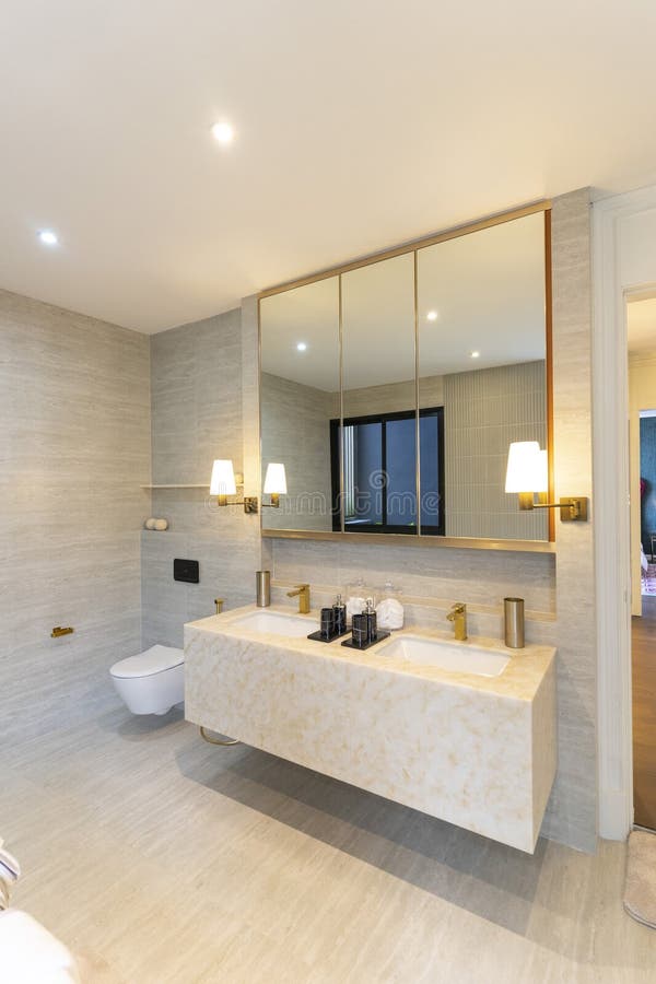 Modern White Marble Bathroom Design with Double Sinks and Shower Room ...