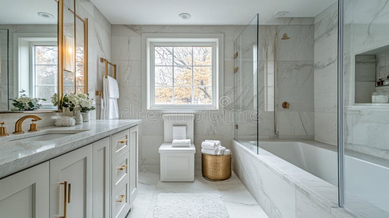 Modern White Marble Bathroom with Gold Accents Stock Illustration ...