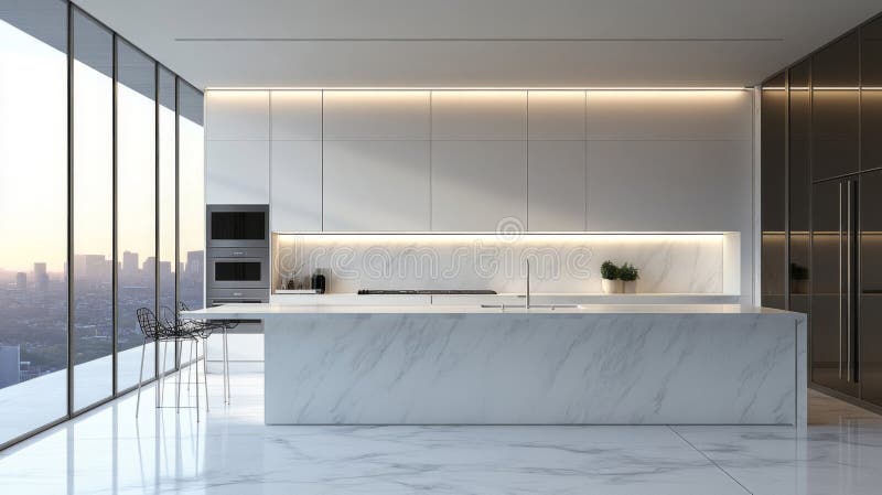 Modern White Marble Kitchen with City View Stock Illustration ...