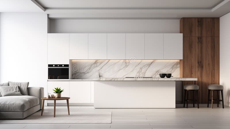 Modern, White Minimalist Interior with Kitchen,wall Panels and Marble ...