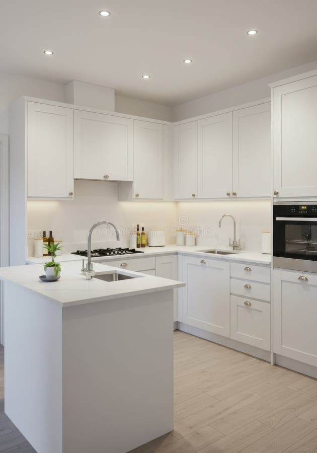 Modern White Minimalist Kitchen Design with Island Stock Illustration ...