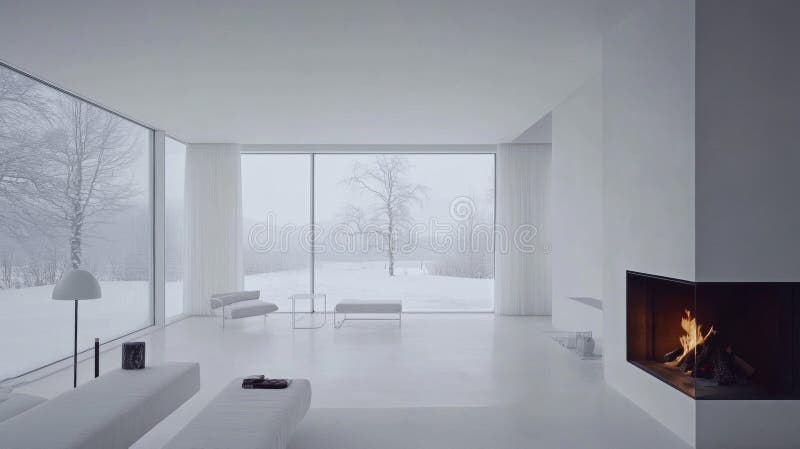 Modern White Minimalist Living Room with Snow View Stock Illustration ...