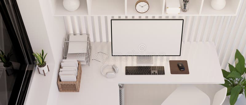 Modern White Minimalist Workspace Interior Design Top View with PC ...