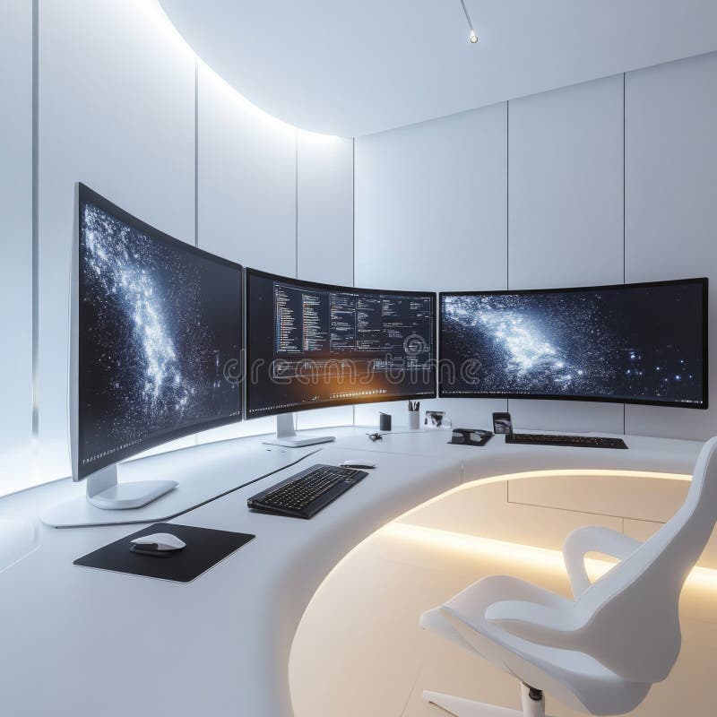 Modern White Office with Curved Monitors and a Galaxy Desktop ...