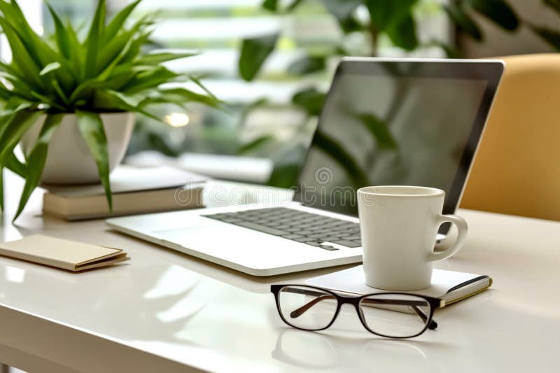 Modern White Office Desk Table with Laptop, Notebook, Coffe, Glasses ...