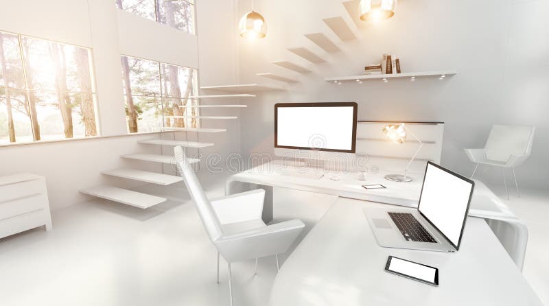 Modern White Office Interior with Computer and Devices 3D Render Stock ...