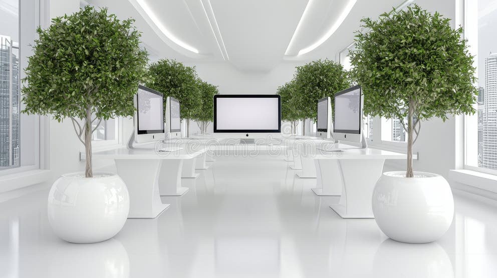 Modern White Office Interior with Green Potted Plants and Computer ...