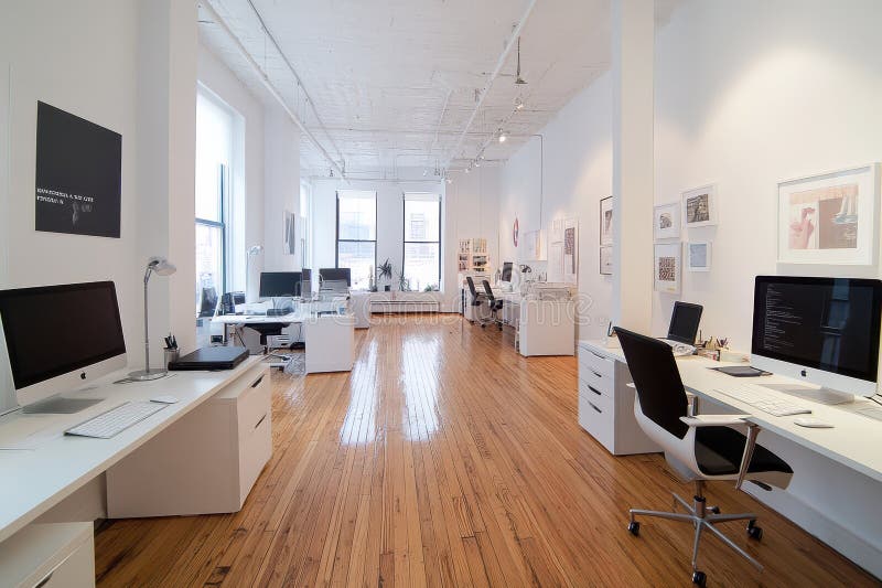 Modern White Office Interior with Wooden Floors and Multiple ...