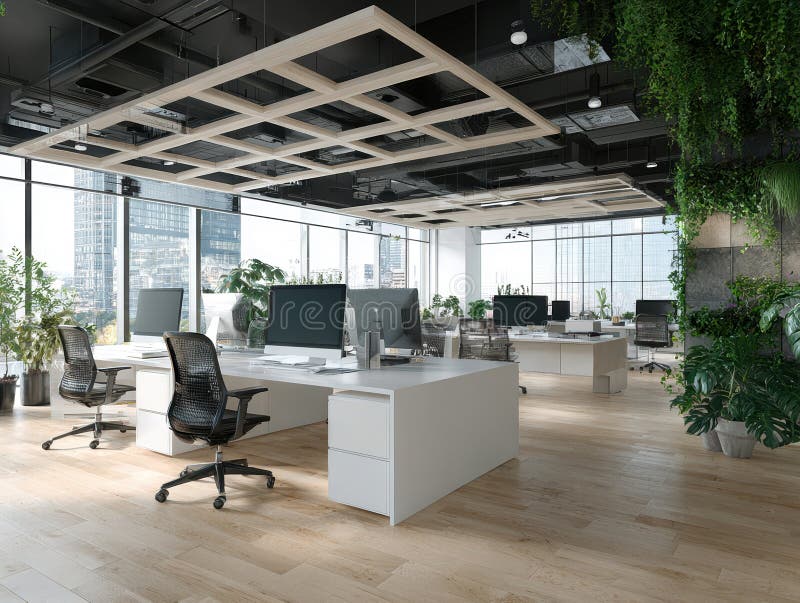 Modern White Office with Panoramic Views, Open Space with Central Desk ...