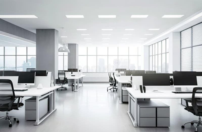 Modern White Office with Rows of Desks and Clean Lines, Interior ...