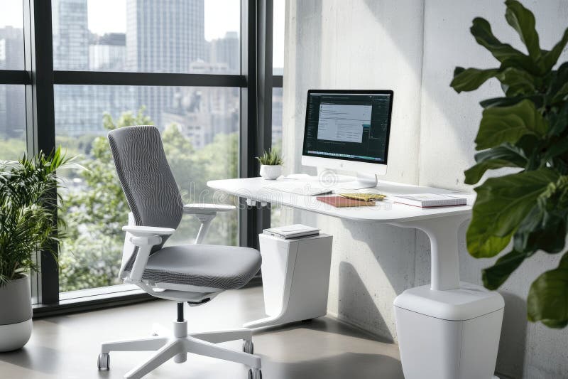Modern White Office Space with Ergonomic Chair and City View through ...