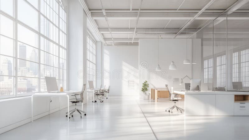 Modern White Office Space with Large Windows and City View Stock ...