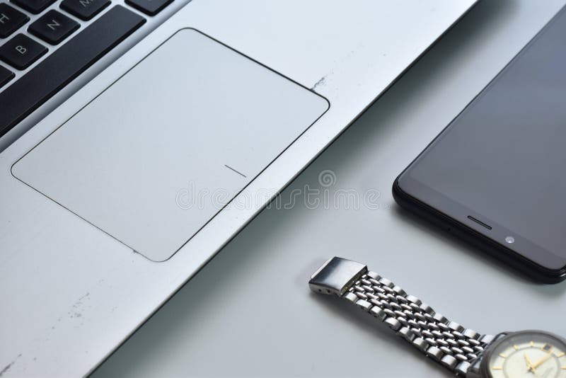 Modern White Office Work Table with Smartphone, Notebook and Watch Flat ...