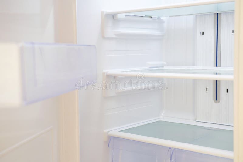 Modern White Open Refrigerator Close-up with Empty Shelves. Stock Image ...