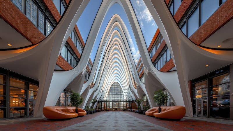 Modern White and Orange Building Interior with Curved Glass Ceiling ...