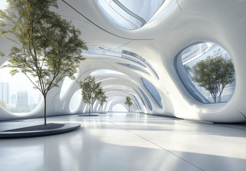 Modern White Organic Architecture with City Views Stock Illustration ...