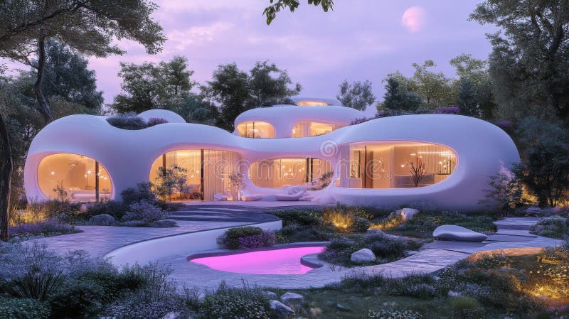 Modern White Organic House at Night with Pink Pond Stock Illustration ...