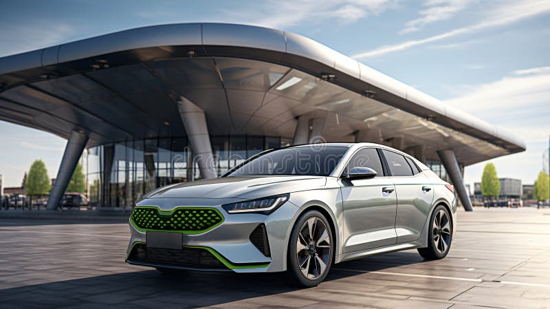 A Modern White-painted Car Stands in Front of an Architecturally ...