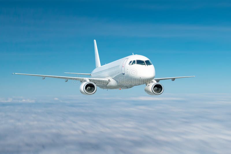 Modern White Passenger Airliner Fly in the Sky Above the Clouds Stock ...