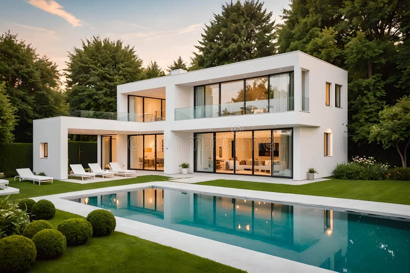 Modern White Private Stone House with Pool Stock Illustration ...
