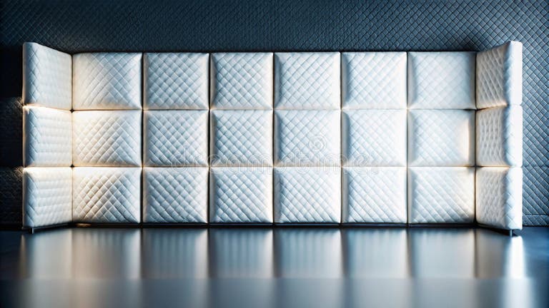 Modern White Quilted Wall Panel with Subtle Lighting and a Reflective ...