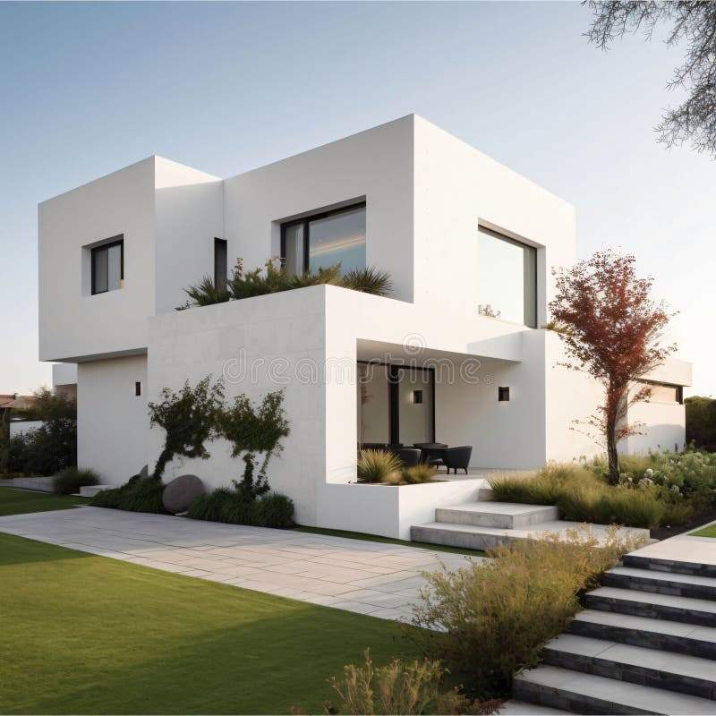 Modern White Ranch Style Minimalist Cubic Luxury House Stock ...