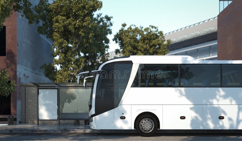 Modern White Realistic Coach Bus at Cityscape Background Near Bus Stop ...