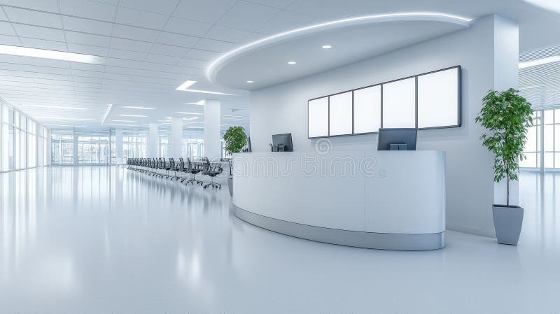 Modern White Reception Area with Curved Desk, Welcoming Space for ...