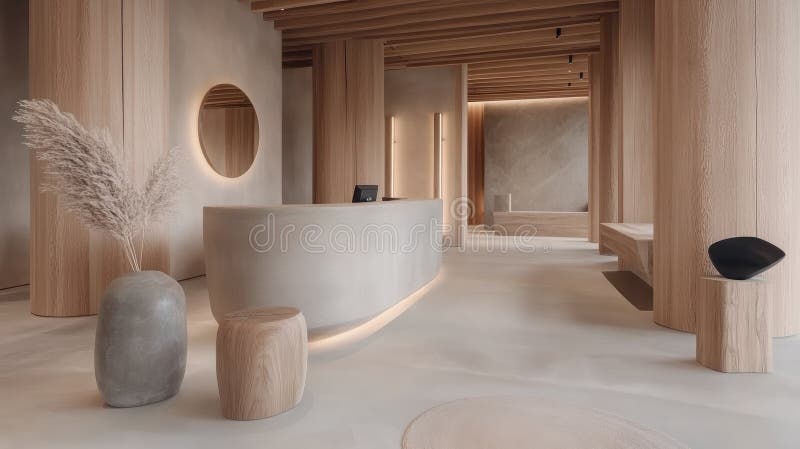 Modern White Reception Area Design with Warm Wood Paneling and Stylish ...