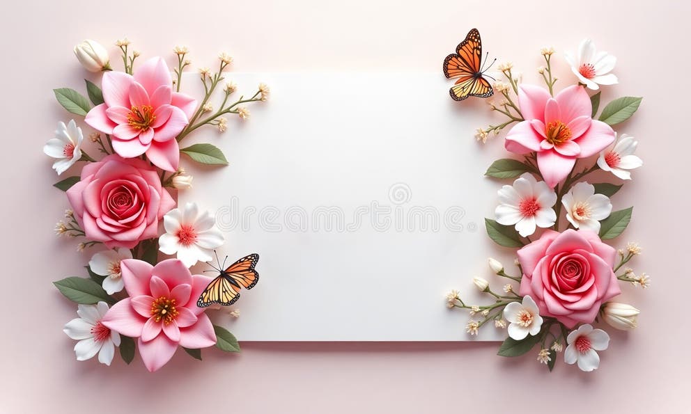 Modern White Rectangular Card with Romantic Pink Rose Border and ...