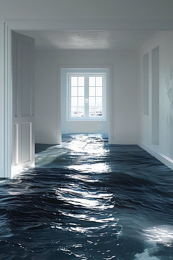 Modern White Room Flooded with Water Stock Illustration - Illustration ...
