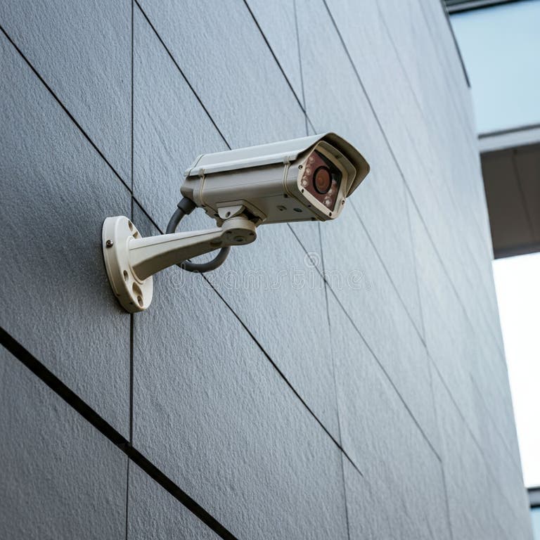A Modern, White Security Camera is Mounted on a Gray, Tiled Exterior ...