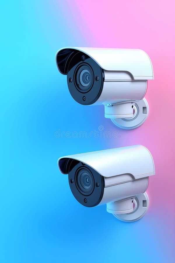 White Security Cameras with Holographic Details on Pastel Background ...