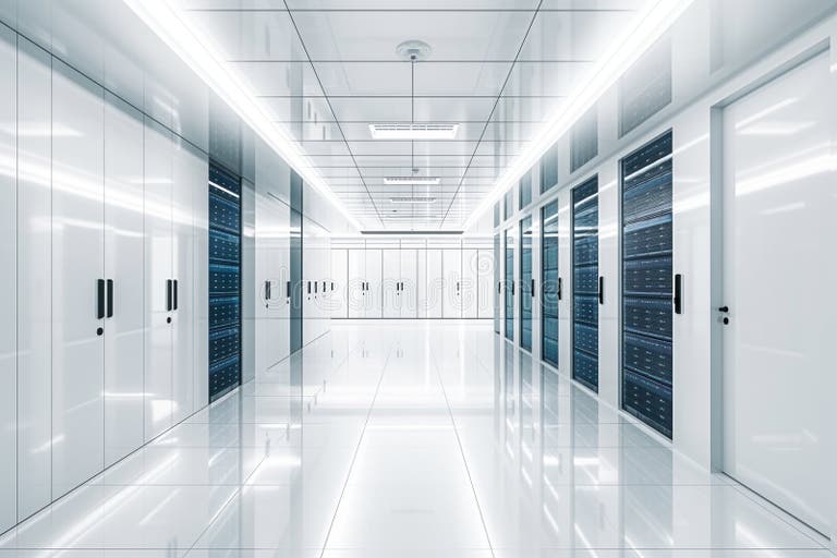 Modern White Server Room Interior Design Features Rows of Computer ...