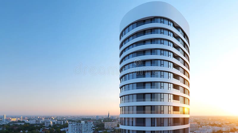 Modern White Skyscraper at Sunset City Panorama Stock Illustration ...