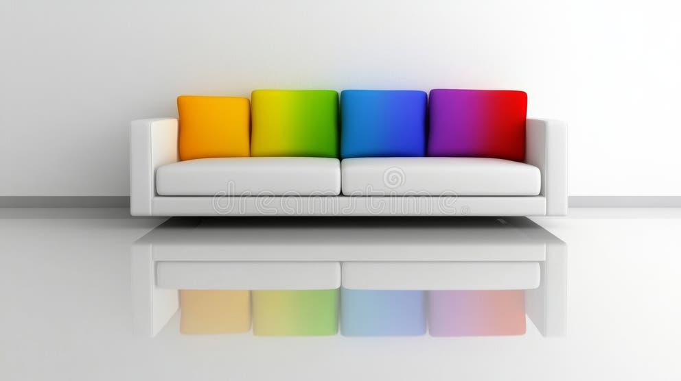 Modern White Sofa with Rainbow Colored Cushions Isolated on White ...