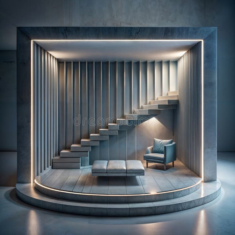 A Modern White Staircase with a Light Blue Armchair and Footstool ...
