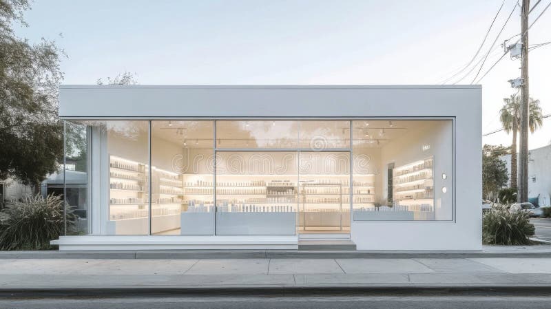 Modern White Storefront with Glass Windows and Rows of Products Stock ...